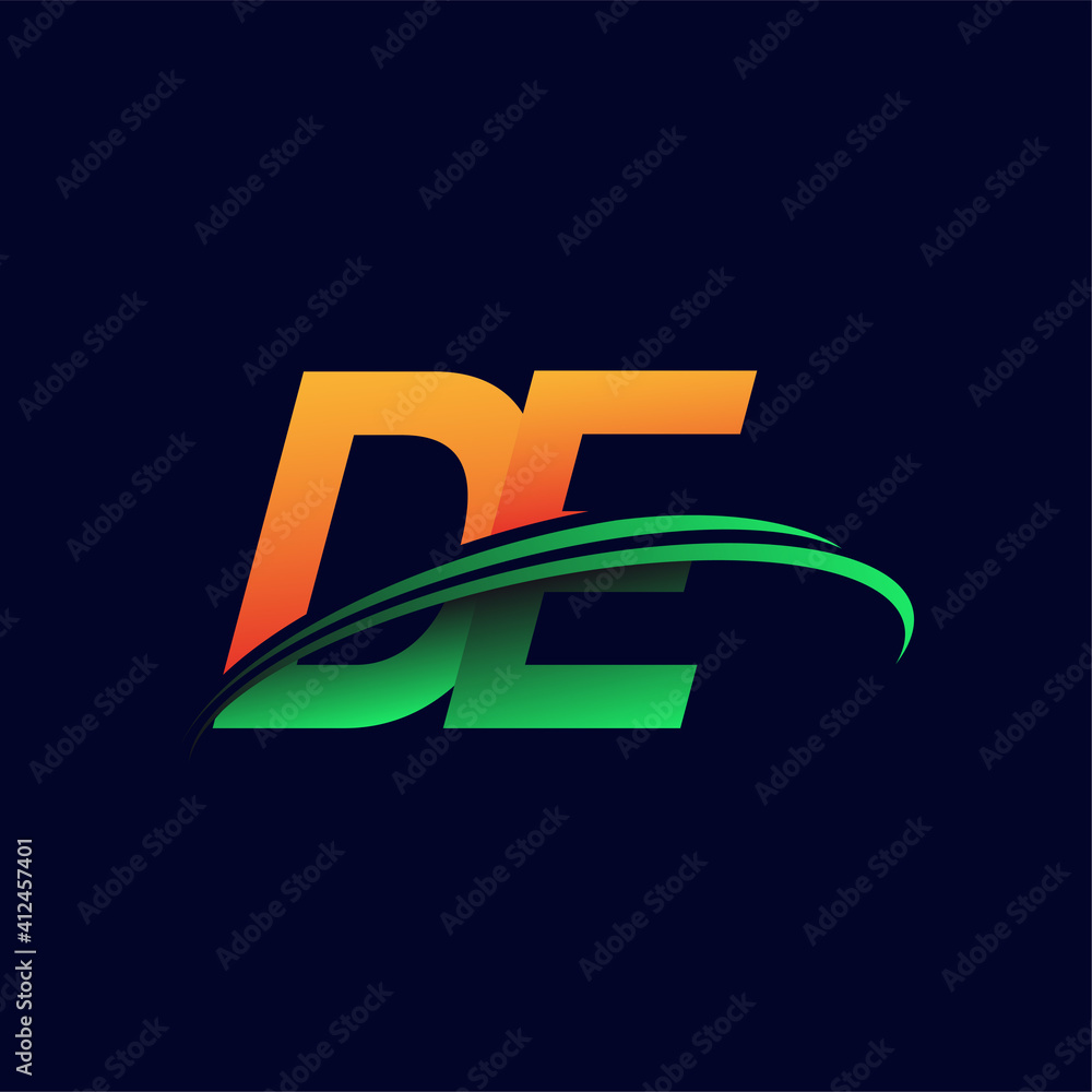initial logo DE company name colored orange and green swoosh design ...
