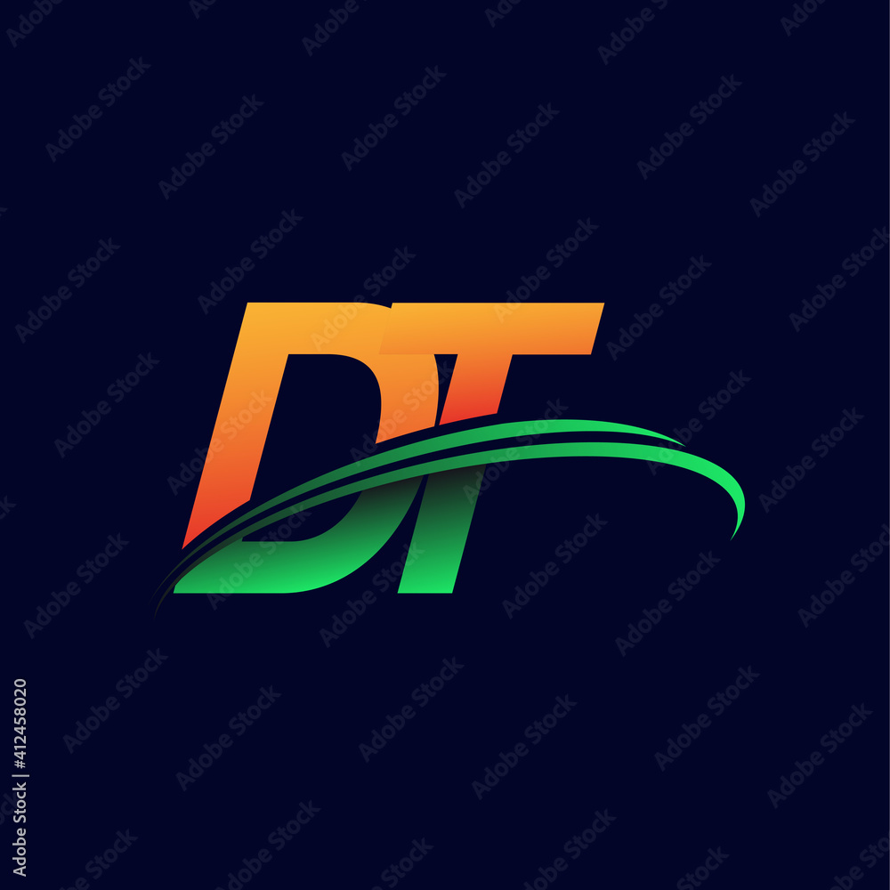 initial logo DT company name colored orange and green swoosh design ...