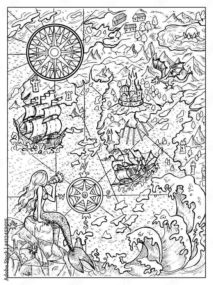 Black and white marine illustration of map with mermaid, islans ...