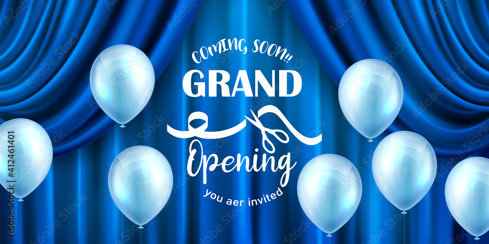 Blue curtain background. Grand opening event design. Blue balloons ...