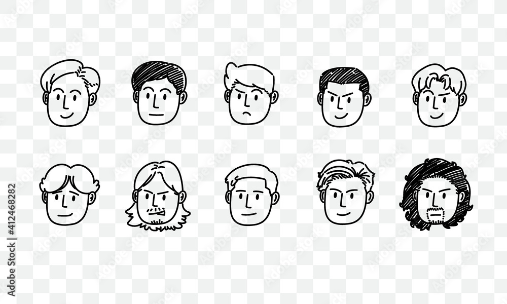 Set of doodle face of mans, hand drawn with different style isolated on ...