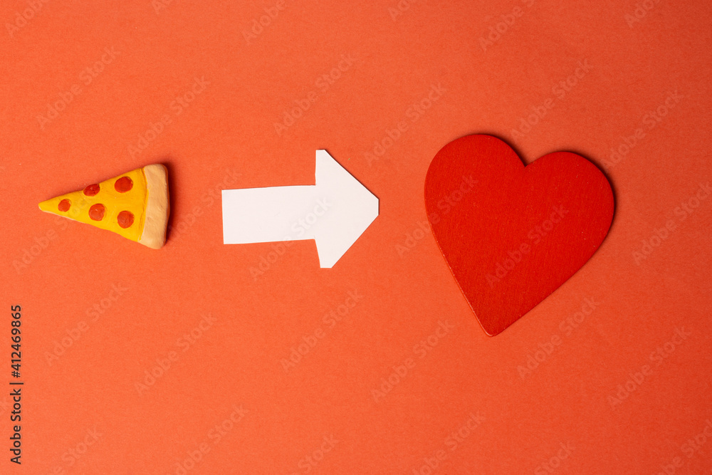 paper arrow and Heart of Love icon and pizza slice icon as food concept ...