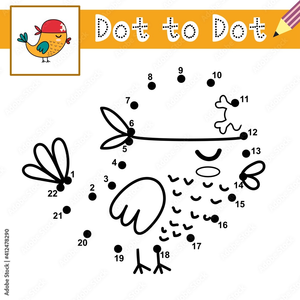 Connect the dots and draw a cute bird pirate. Dot to dot game ...