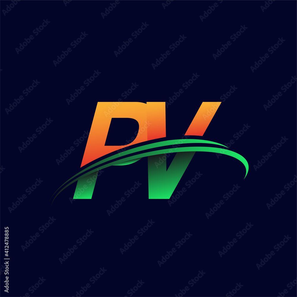 initial logo PV company name colored orange and green swoosh design ...