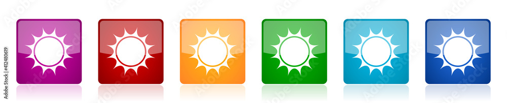 Sun icon set, square glossy vector buttons in 6 colors options for ...