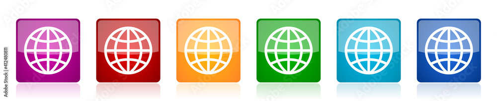 World, globe icon set, square glossy vector buttons in 6 colors options ...