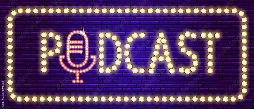 Podcast neon sign and radio emblem. Glowing podcast emblem on dark blue ... Podcast neon sign and radio emblem. Glowing podcast emblem on dark blue ...