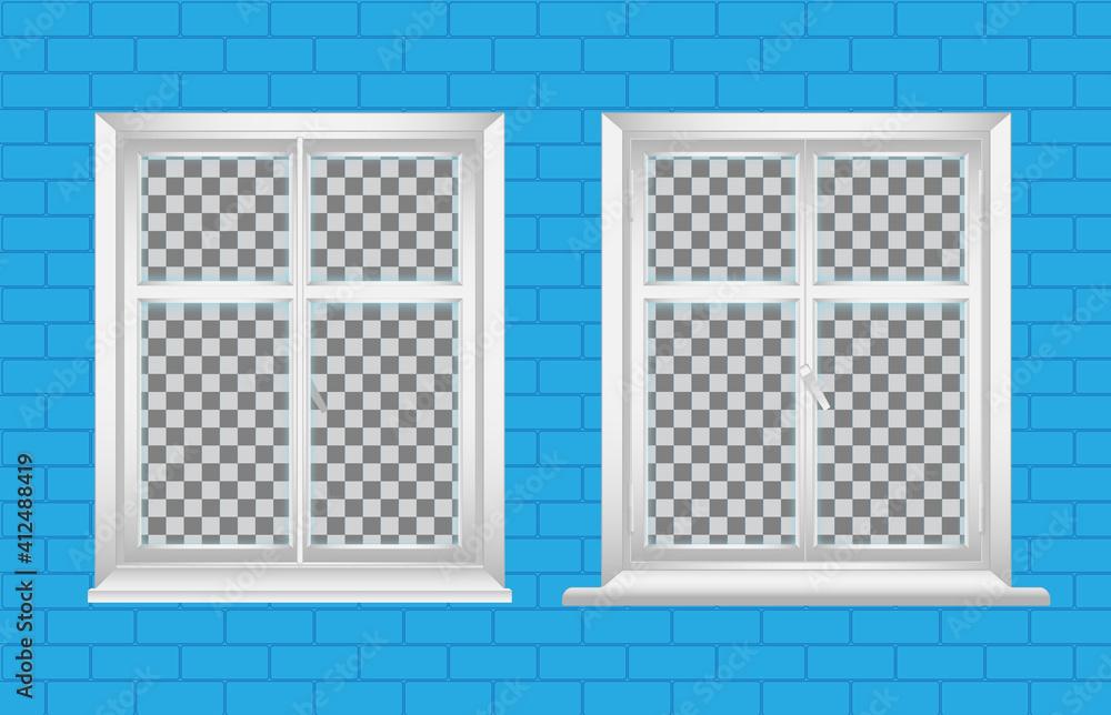 vector set of white window. inside and outside view on a brick wall ...