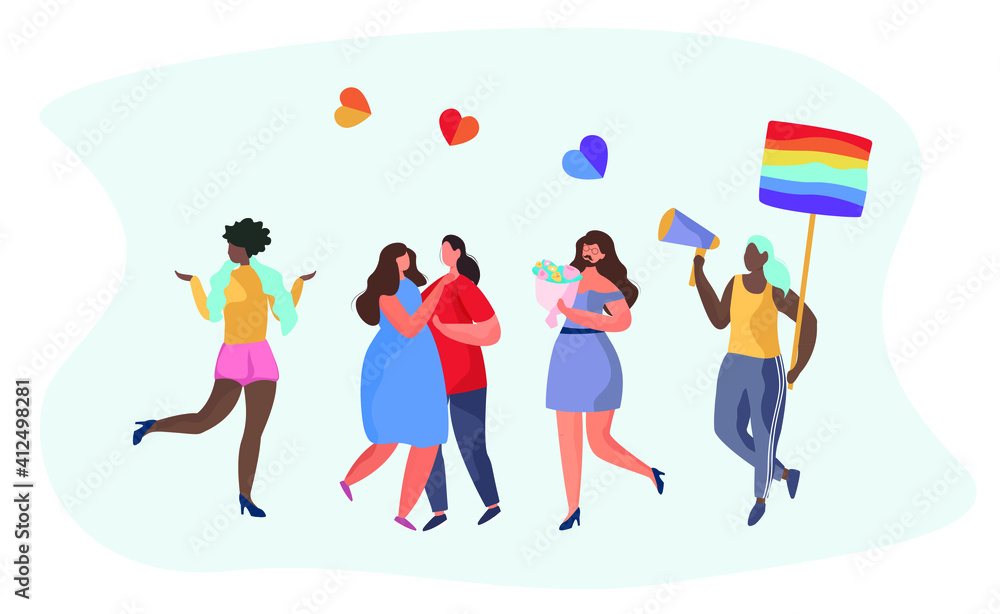 Vecteur Stock Gay And Lesbian Holding Rainbow Love Flag Lgbt Gay Pride