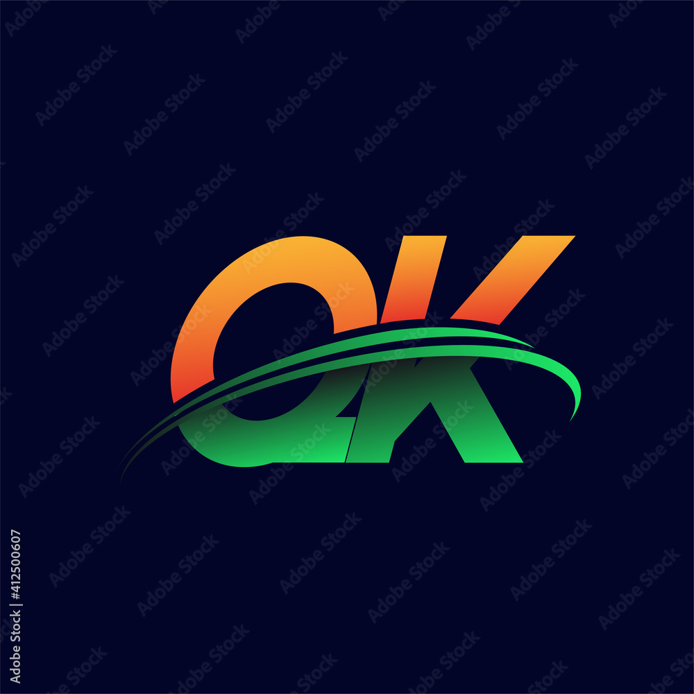 initial logo QK company name colored orange and green swoosh design ...