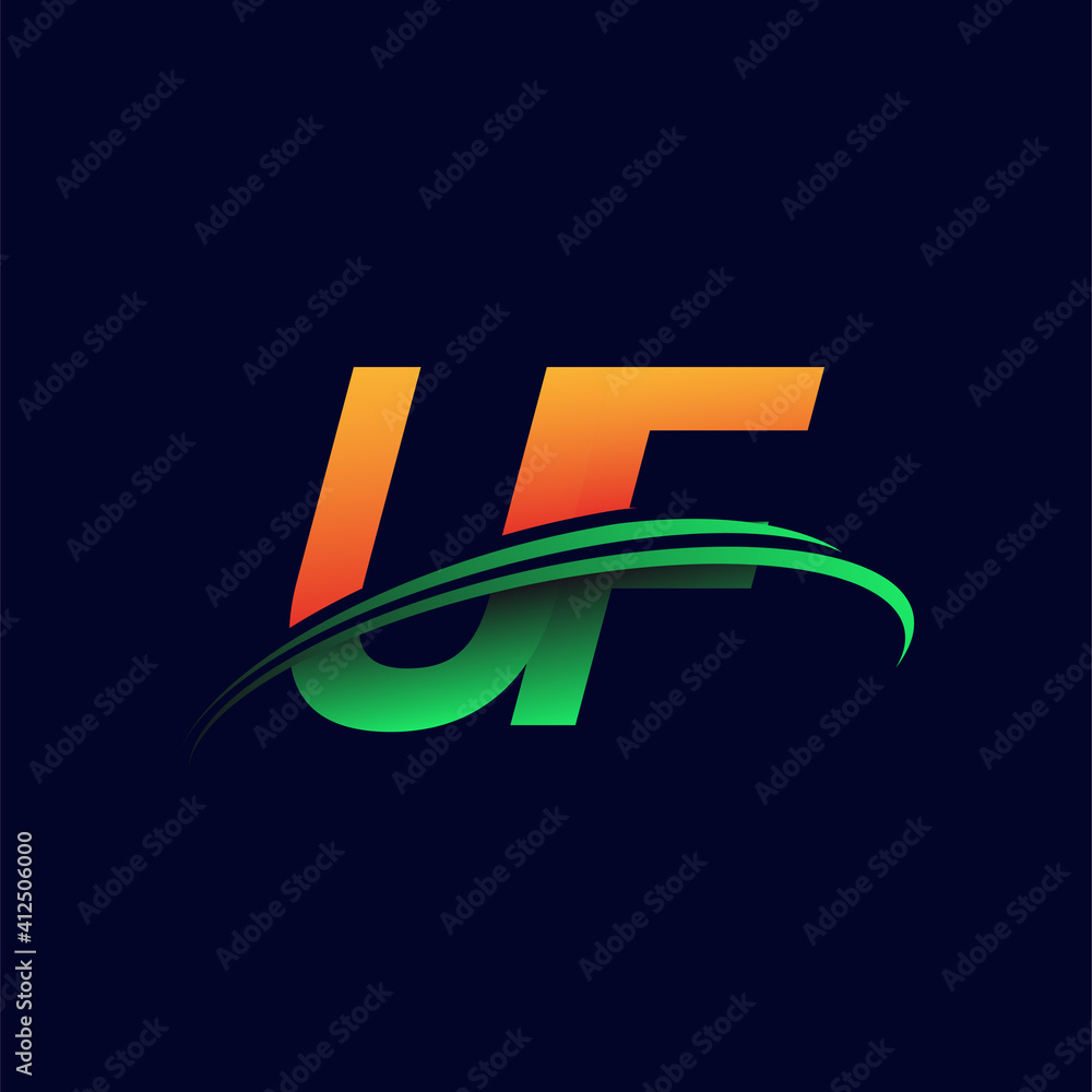 initial logo UF company name colored orange and green swoosh design ...