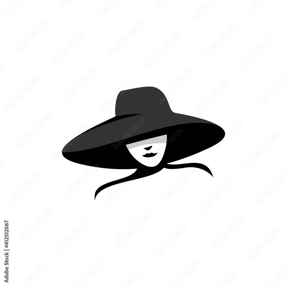 Vector illustration of woman with hat, girl logo, icon, emblem. Stock ...