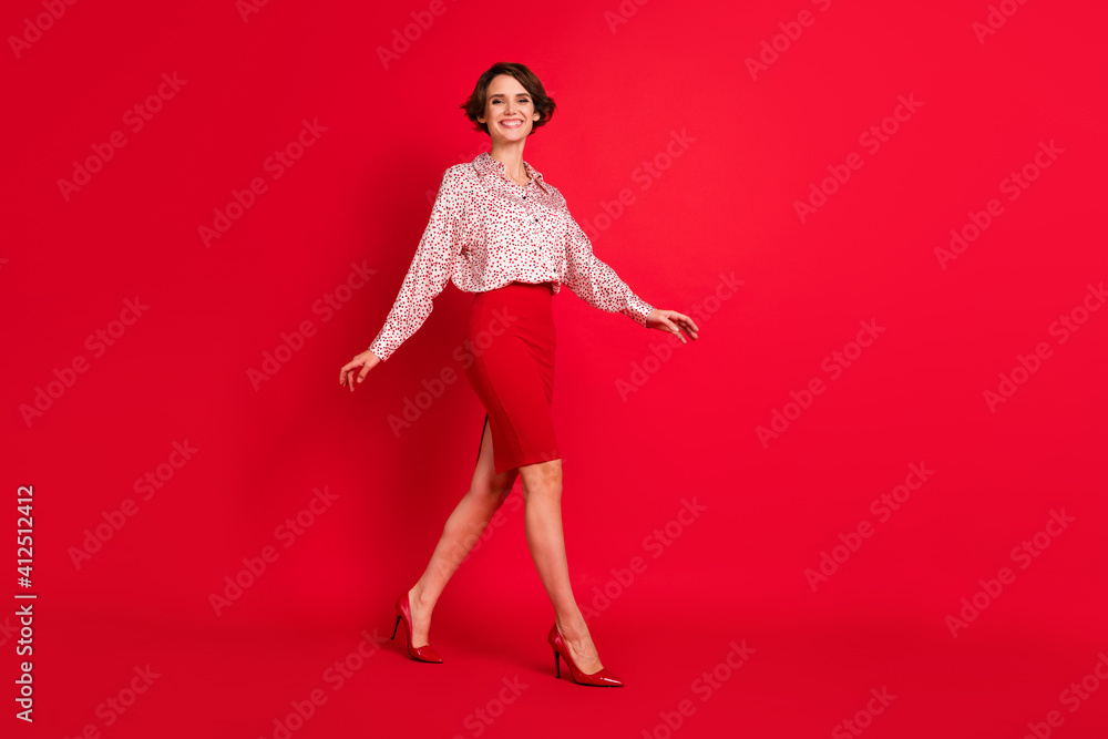 Full length body size view of lovely slender cheerful brown-haired girl ...