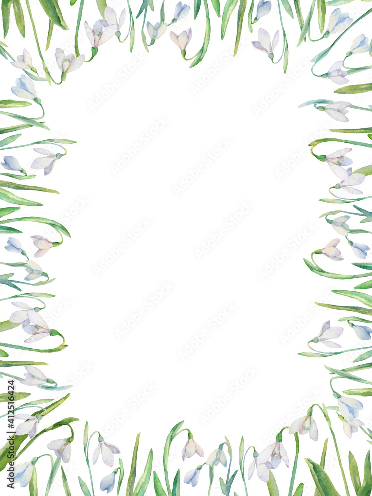 Snowdrops vector frame. Watercolor painted snowdrops and leaves on ...