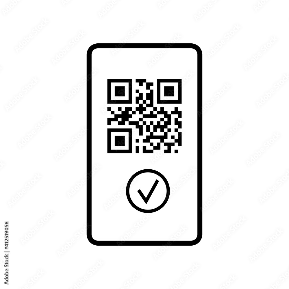 QR-code on mobile phone screen with check mark black icon. Digital data ...