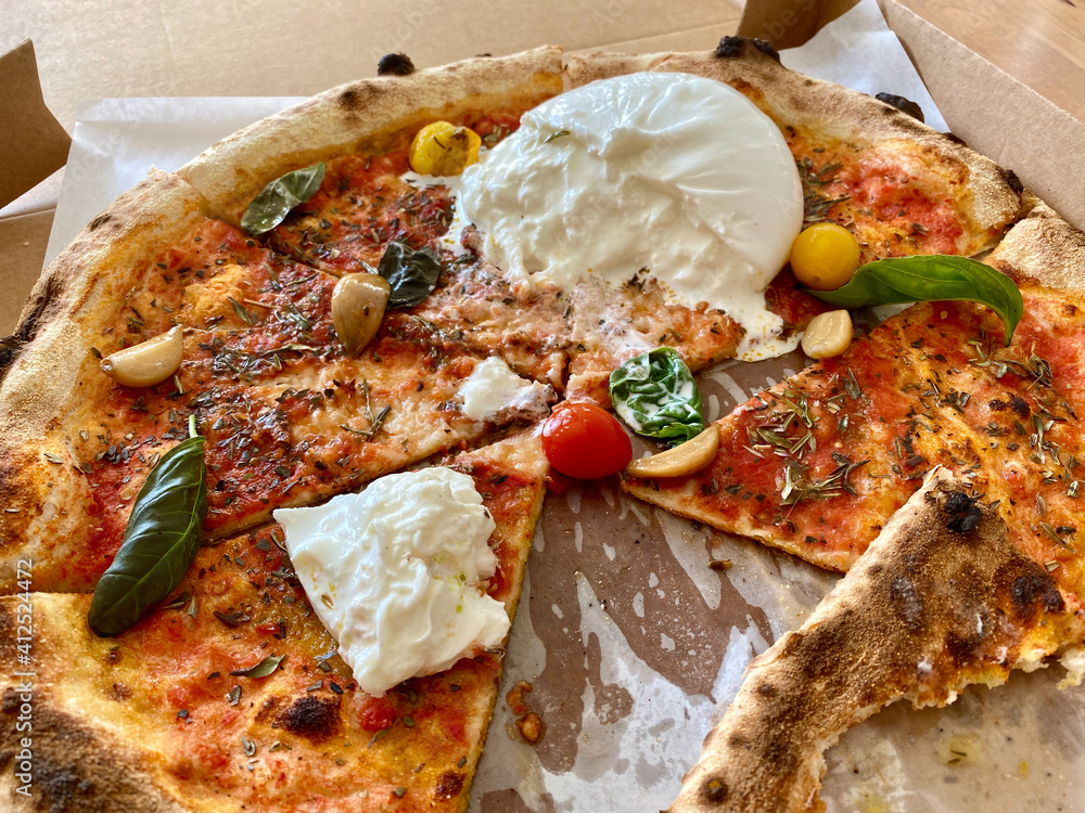 Neapolitian Pizza Marinara with Burrata Cheese, Tomatoes, Oregano and ...