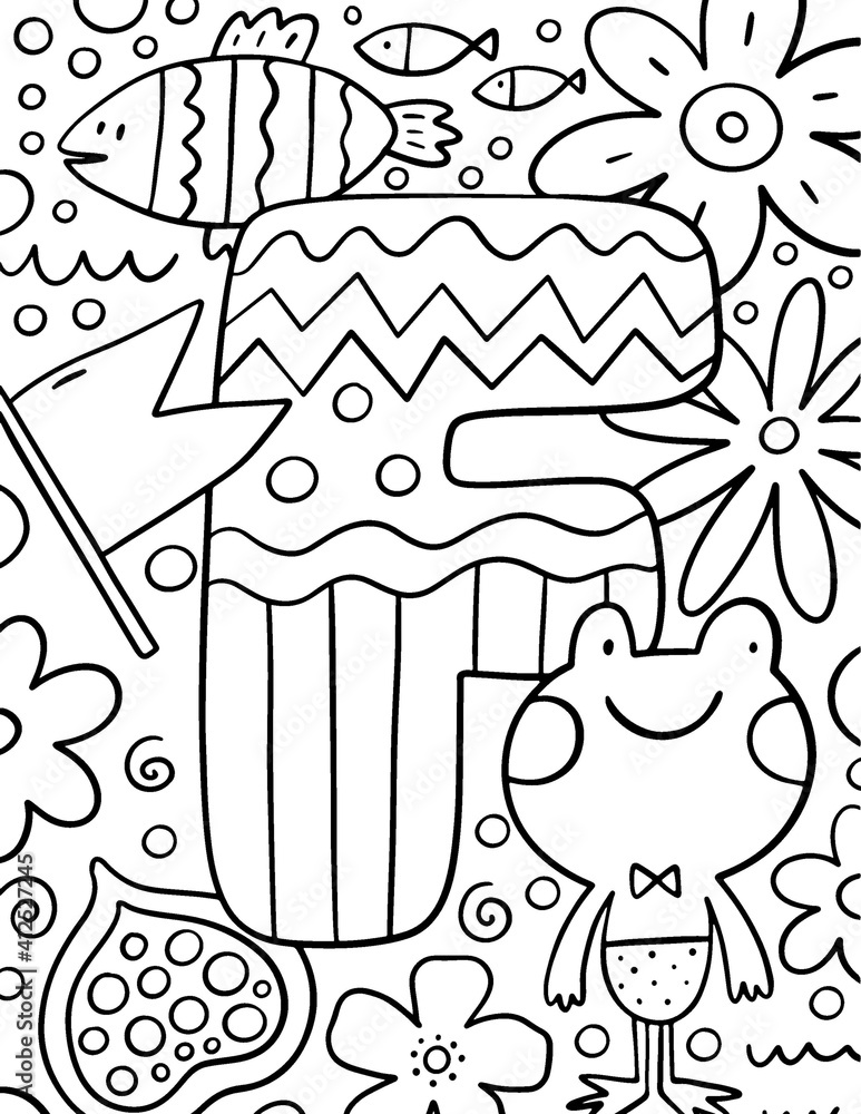 Coloring page Alphabet for kids with cute characters in doodle style ...