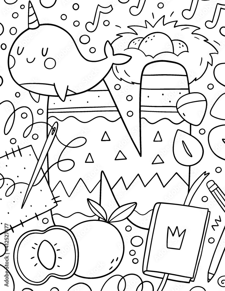 Coloring page Alphabet for kids with cute characters in doodle style ...