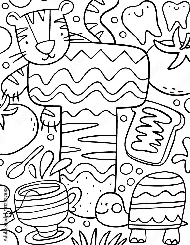 Coloring page Alphabet for kids with cute characters in doodle style ...