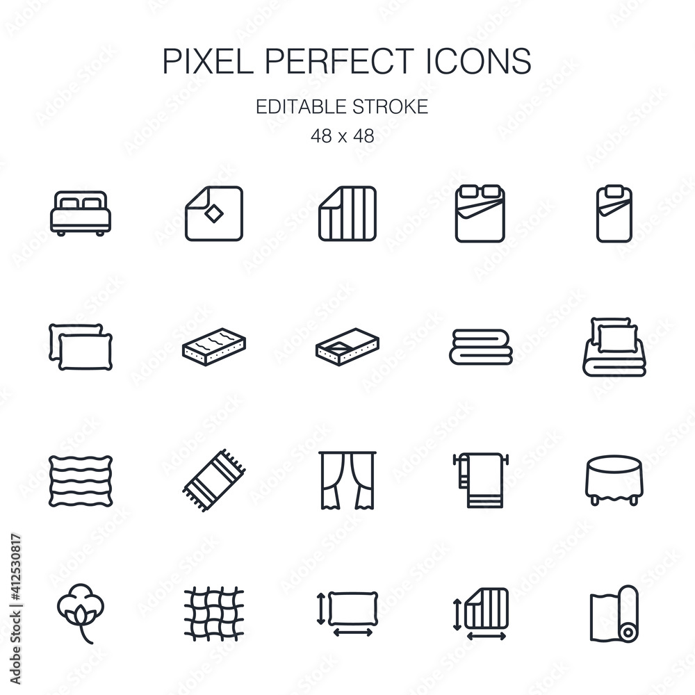 Home textiles collection of outline icons collection with linens, towel ...
