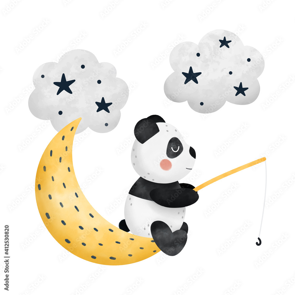 Cute watercolor panda fishing in the clouds isolated on white ...