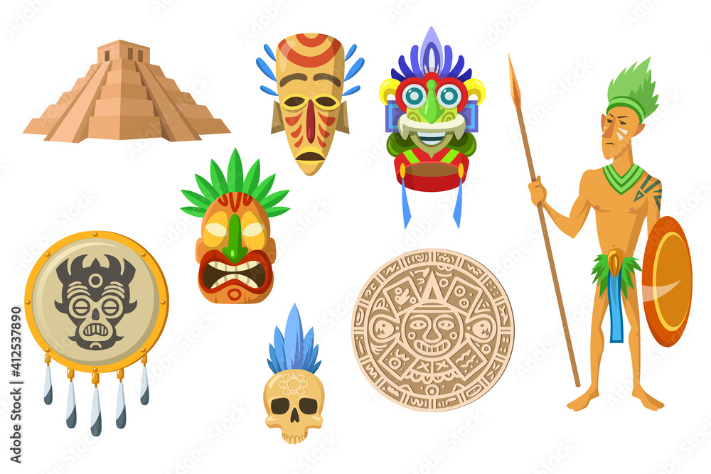 Aztec ancient artifacts set. Pyramids, tribal masks with eagle feather ...