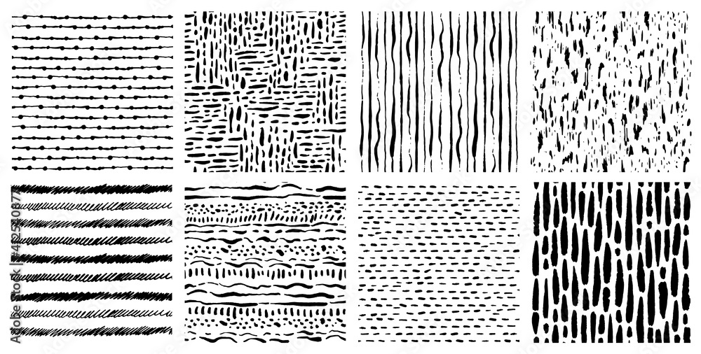 Set of hand drawn vector pattern with ink brush strokes, doodles and ...
