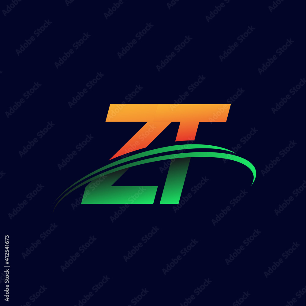 initial logo ZT company name colored orange and green swoosh design ...