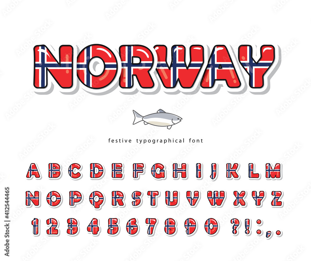 Norway cartoon font. Norwegian national flag colors. Bright alphabet ...