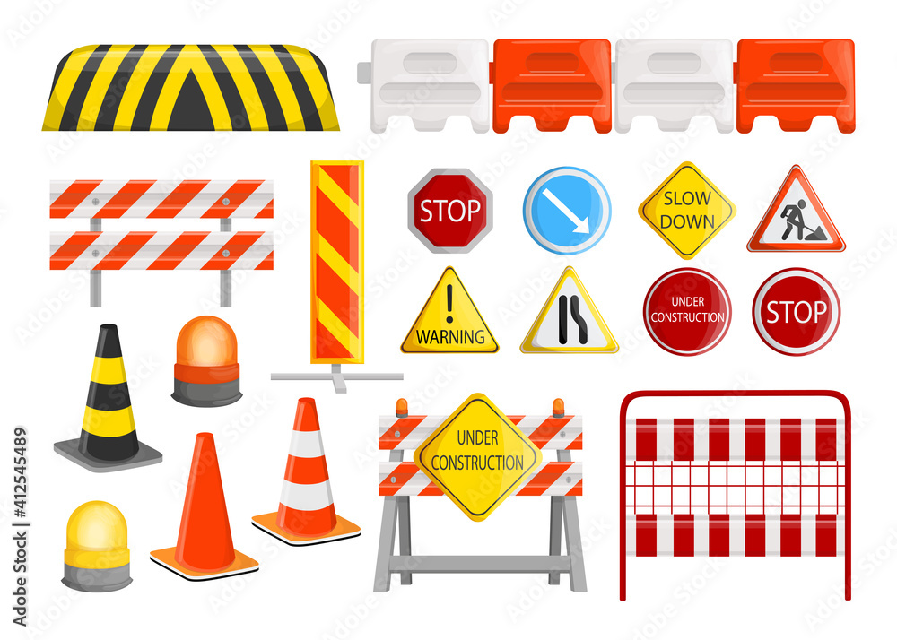 Traffic barriers collection. Roadblocks, barricades, with warning alert ...