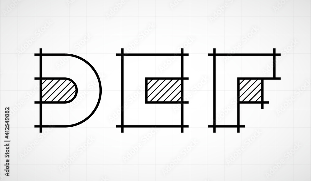 Architech font. Letters DEF. Graphic black and white alphabet. Linear ...