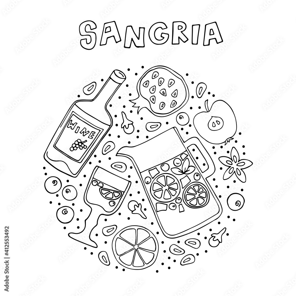 Sangria. Hand drawn illustration in doodle style. Traditional spanish ...