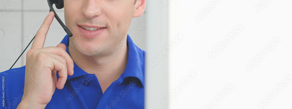 Half portrait young customer service male agent friendly talking with ...