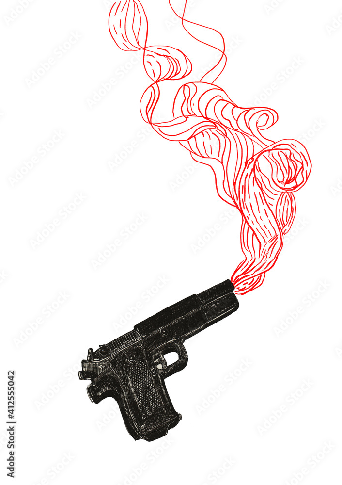 Black ink gun with red smoke after shot. Movie poster design. Music ...