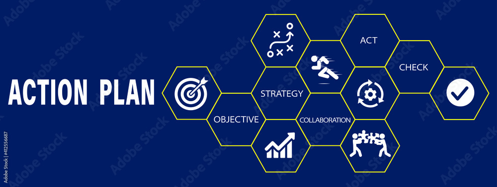 Vetor de Action plan banner web icon for business and marketing ...