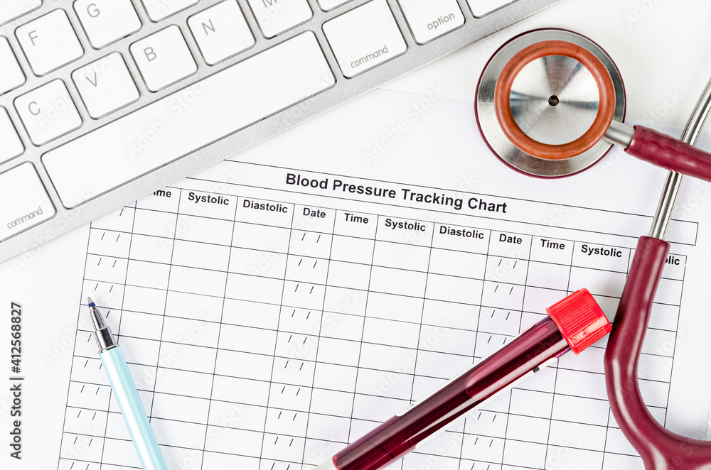 Blank Blood pressure tracking chart record form and sample blood in ...