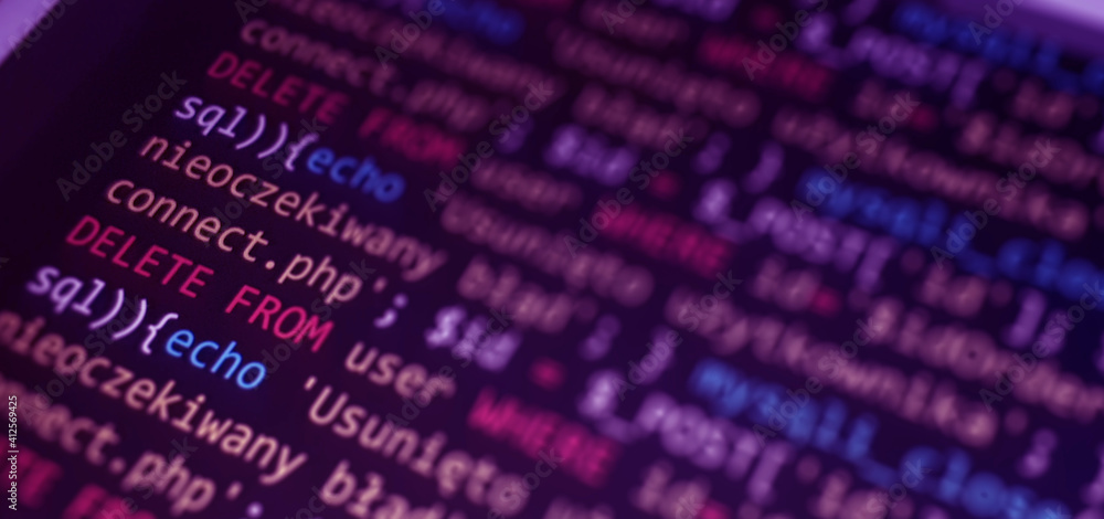 Software development monitor screen background. Developer display with source code. Programming ...