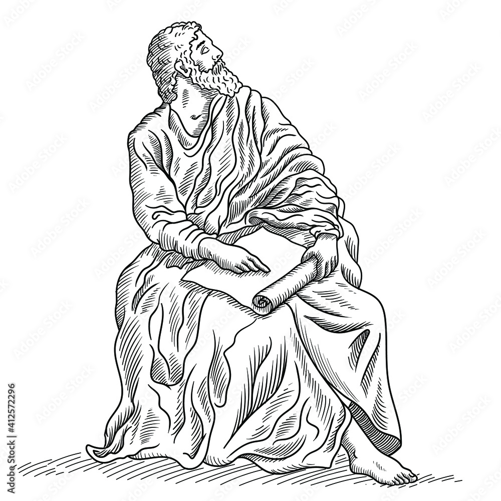 Ancient Greek old man philosopher sage sits with papyrus in his hands ...
