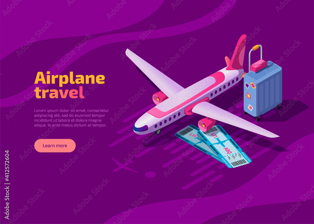 Airplane travel isometric landing page with plane on runway, airline ...