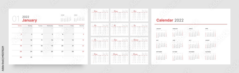 Monthly calendar template for 2022 year. Week Starts on Sunday. Wall ...