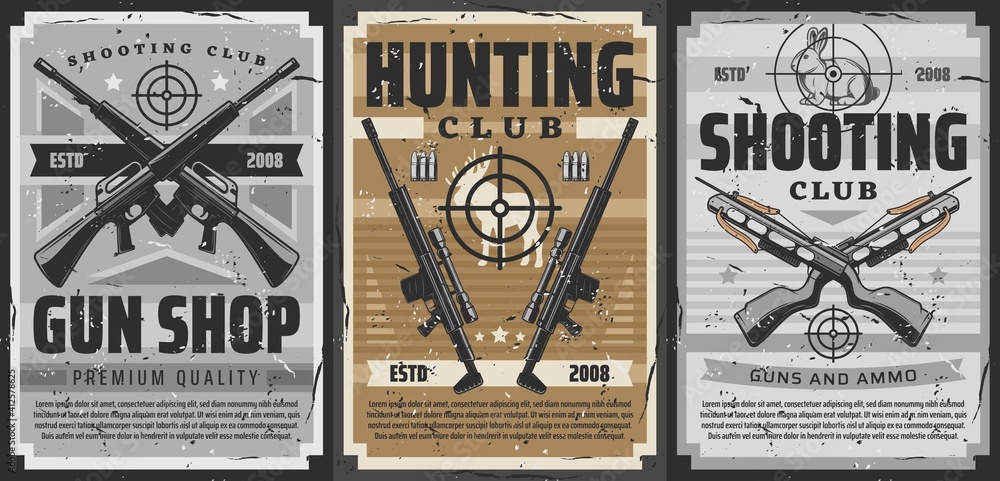 Gun and weapon target retro posters of vector hunting and shooting ...