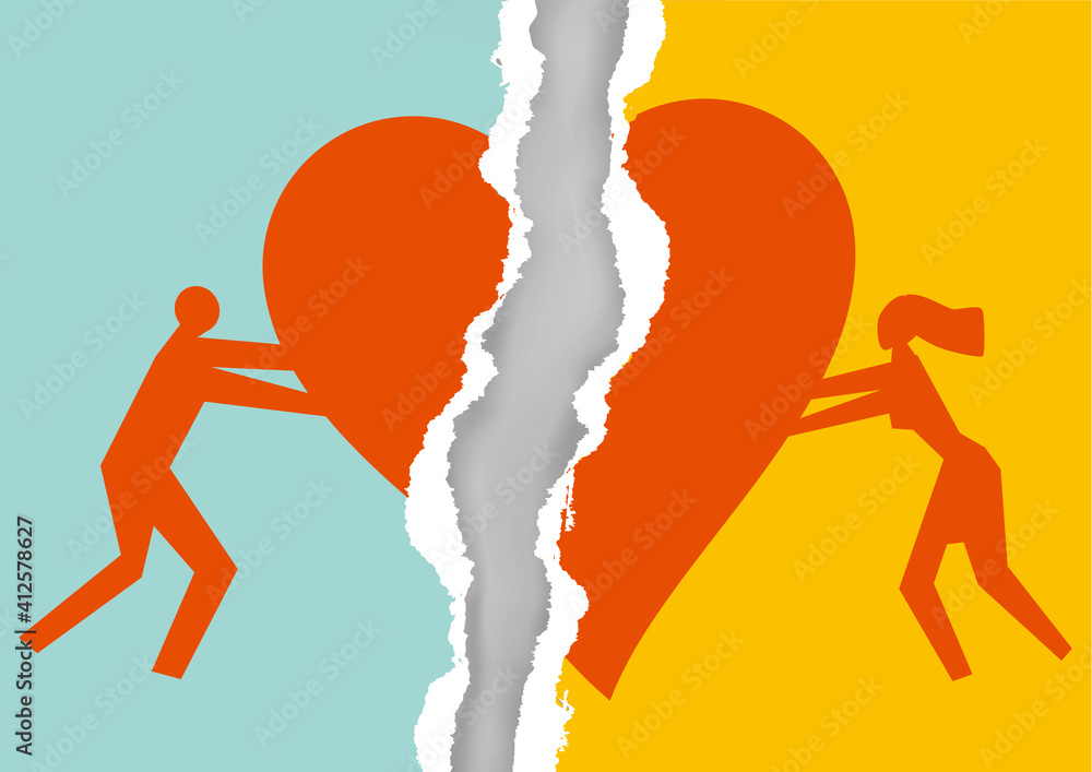 Happy Couple connecting torn hearts, after reconciliation. Torn paper ...