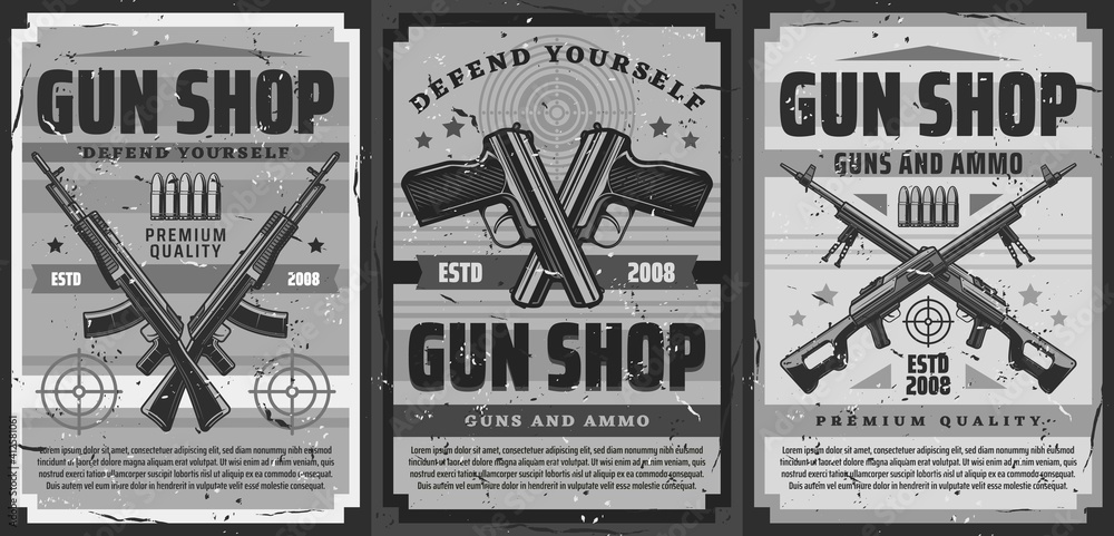 Gun and ammunition shop retro poster. Weapon for self-defense, ammo for ...