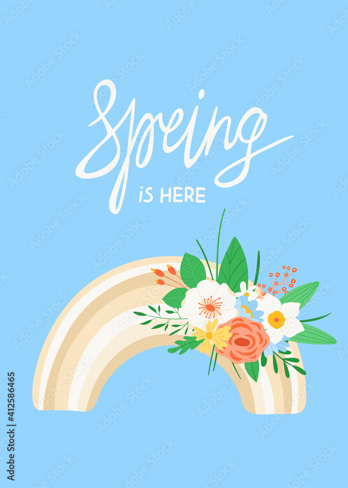 Spring illustration rainbow with a bouquet of flowers. Lettering Spring ...