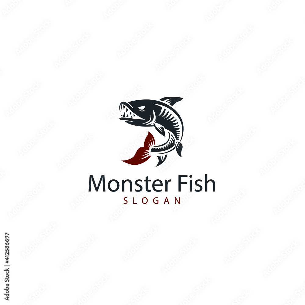 Angry fish vector logo template. Monster fish illustration Stock Vector ...
