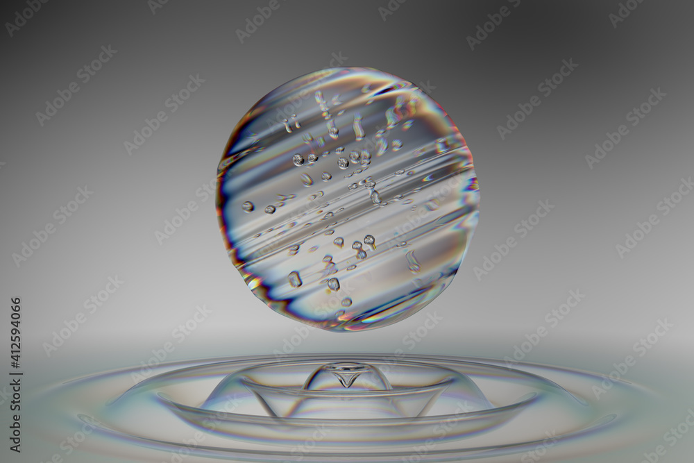 Refractive 3d sphere above transparent waves and grey background. Clean ...