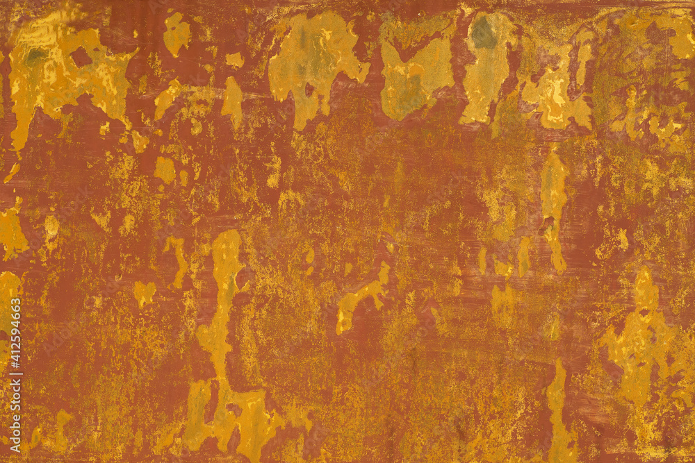 Cracked paint layers on a metal surface. Peeling paint forms bizarre ...