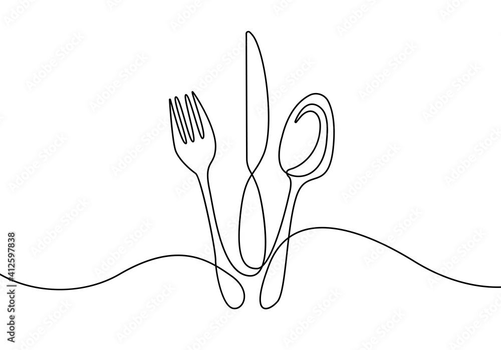 Continuous One Line Drawing. Spoons, Forks, Knife, Eating Utensils ...