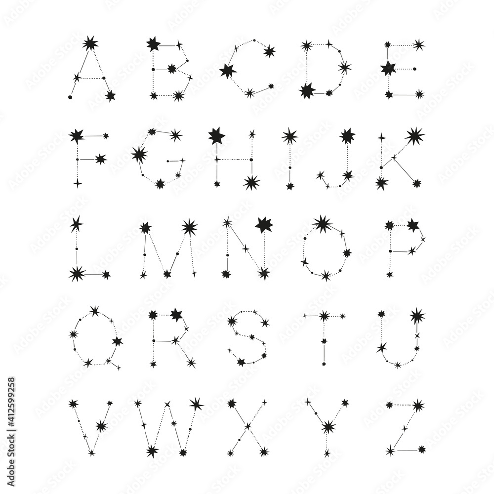 Constellation alphabet. Starry black white isolated letters vector ...