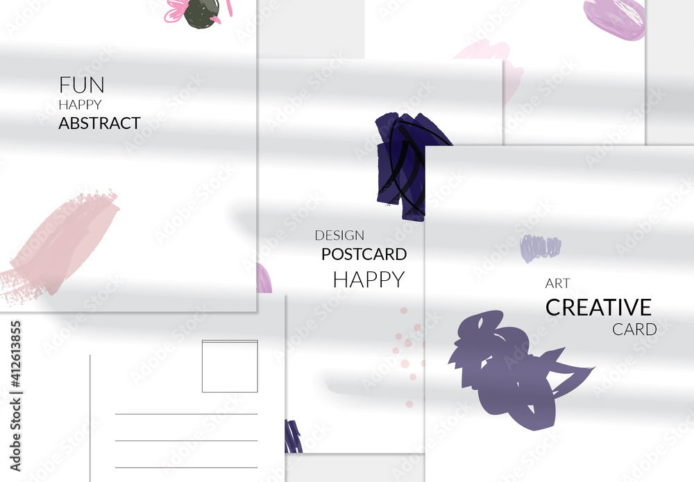 Postcard Layouts with Hand Drawn Abstract Floral Doodles and Geometric ...